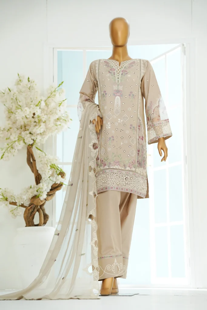 Stitched 3Pc Embroidered Lawn Dress with Farshi Salwar Diya | Mesmeric ...